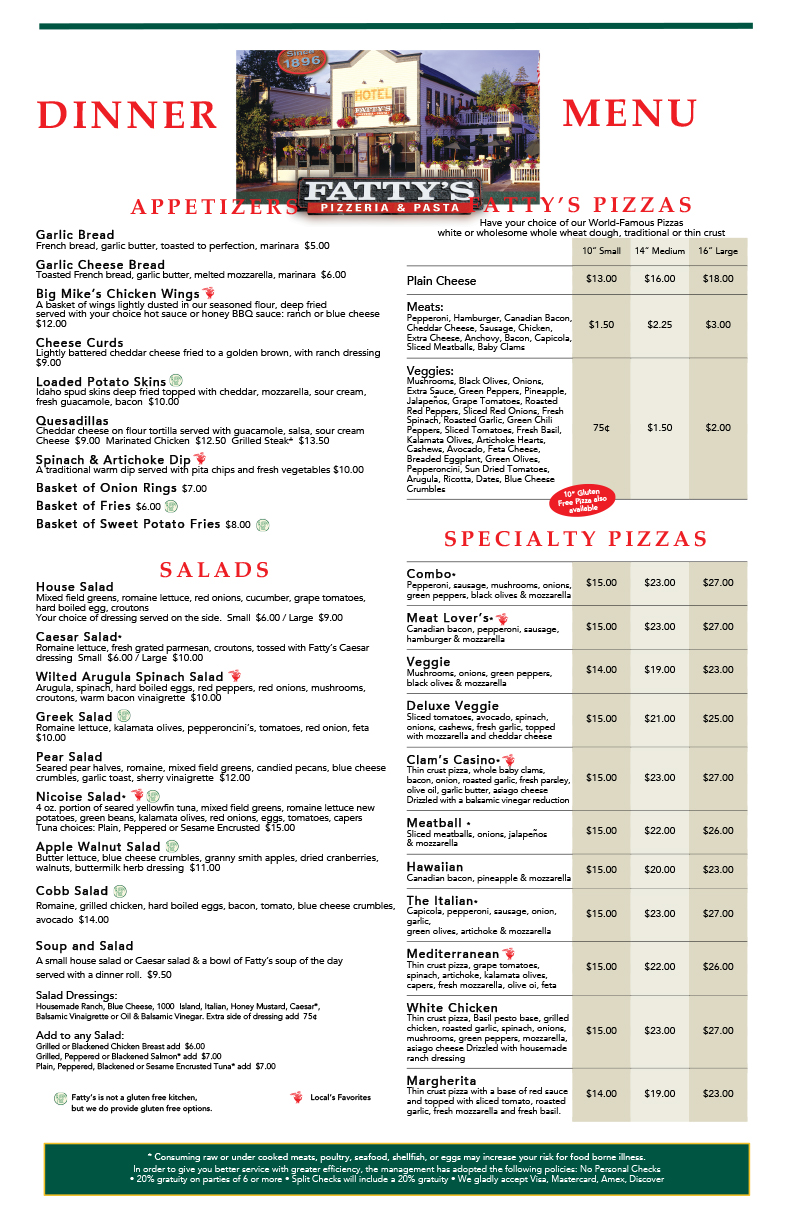 Fattys Dinner Menu | Fattyspizzeria