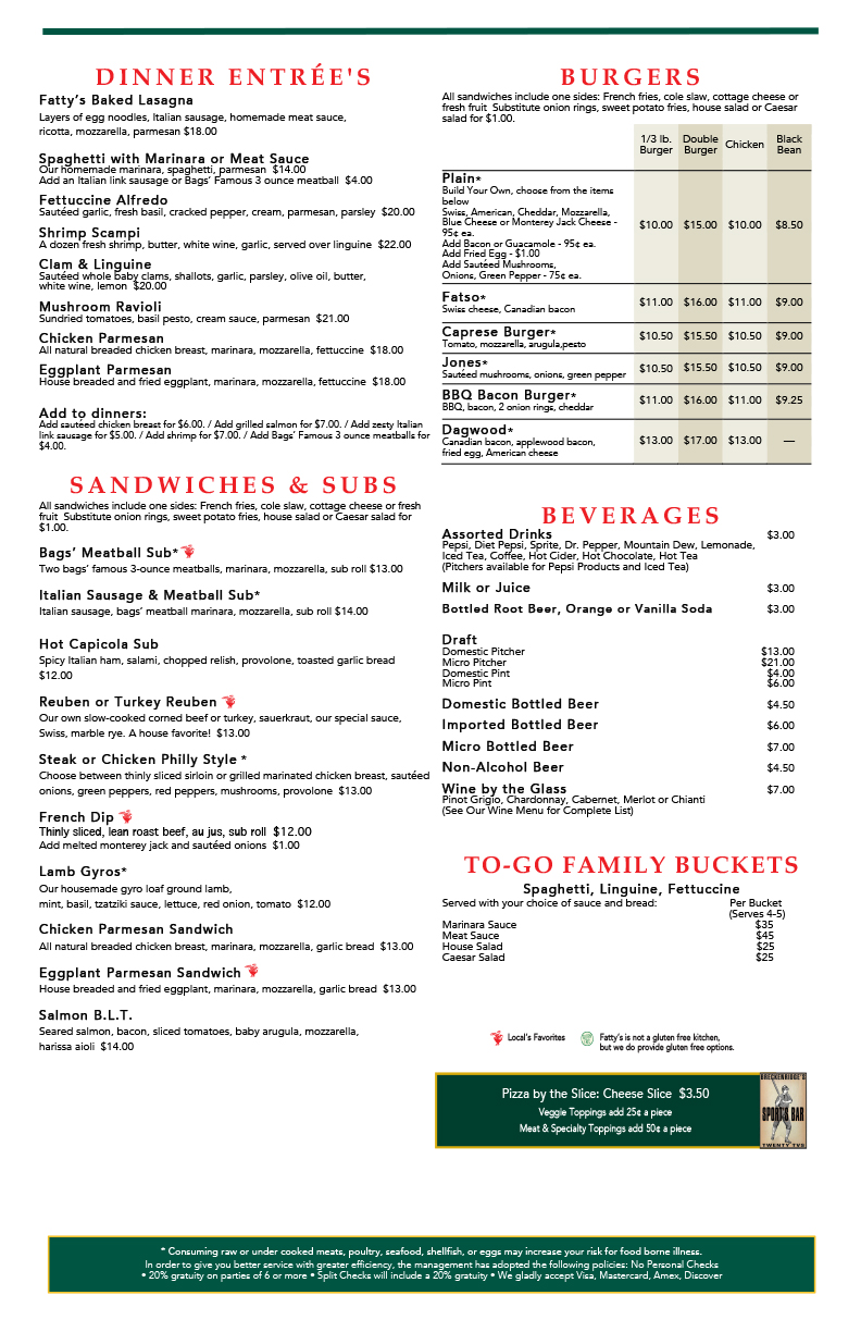 Fattys Dinner Menu | Fattyspizzeria